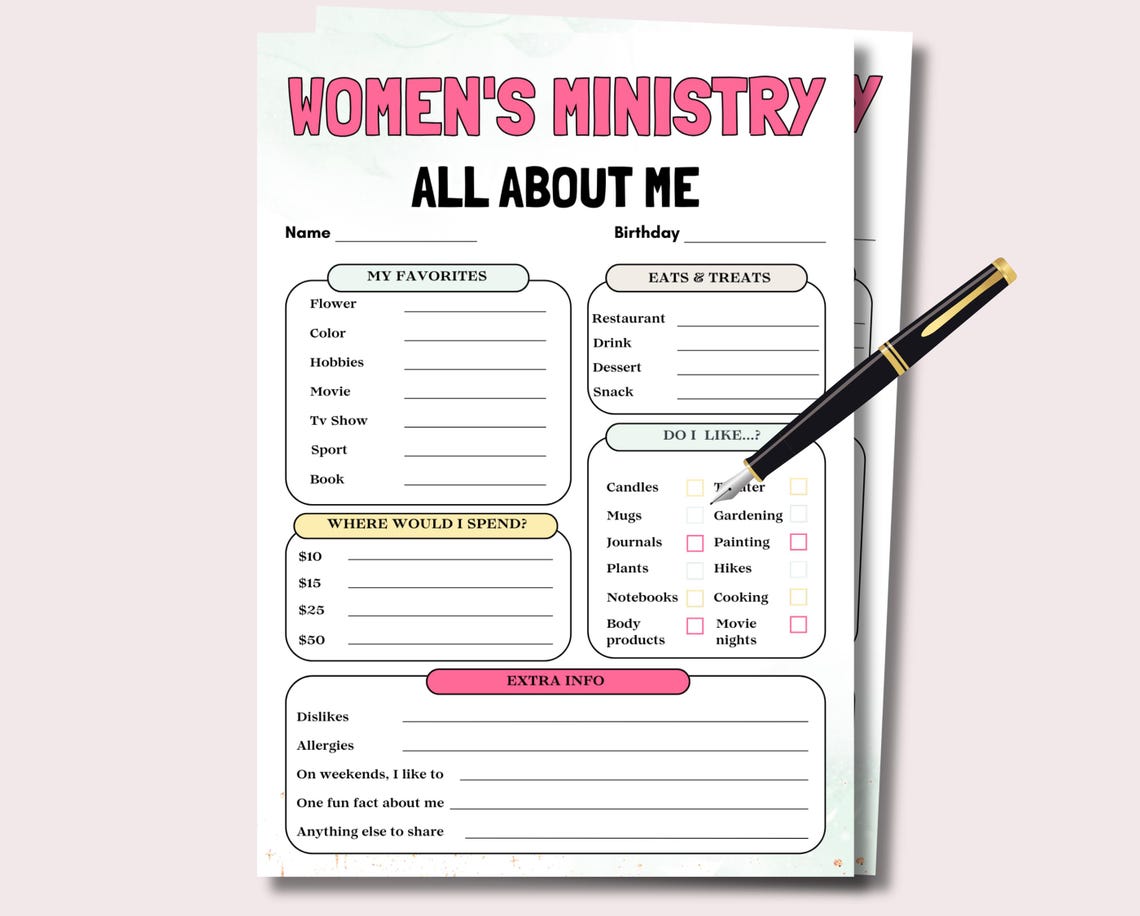 Womens Ministry All About Me Women Activity Survey Form, Women's ...