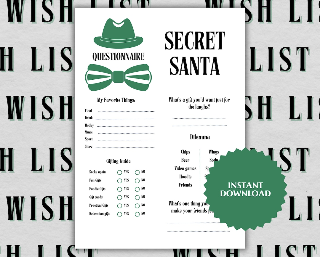 Secret Santa Questionnaire Printable, Funny Christmas List for Him ...