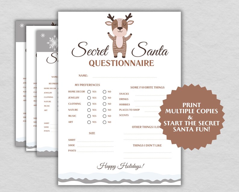Secret Santa Questionnaire, Simple Secret Santa Survey Form, Secret ...