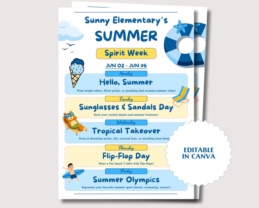 Summer Spirit Week Flyer Editable in Canva, Summer School Spirit Week ...