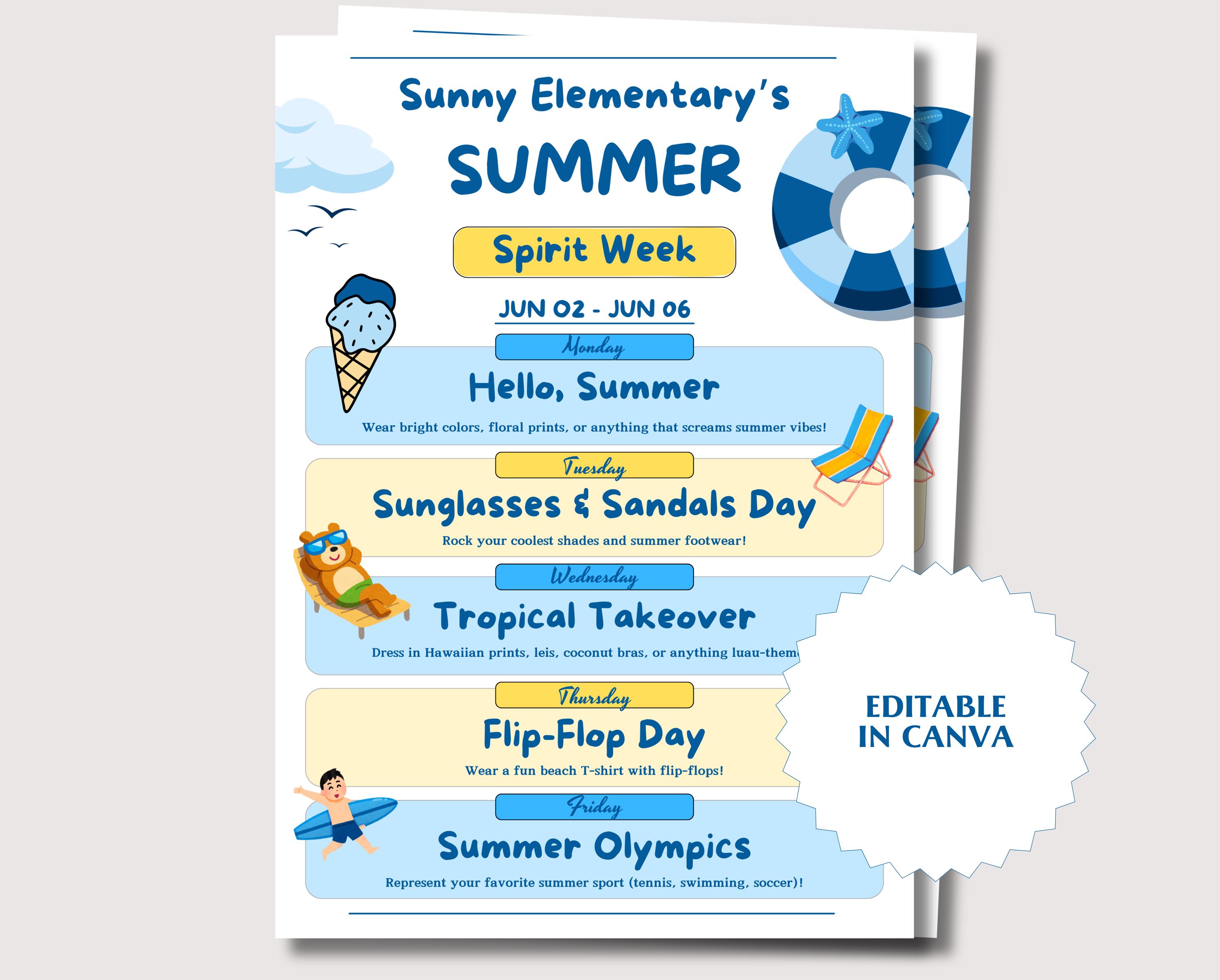Summer Spirit Week Flyer Editable in Canva, Summer School Spirit Week ...