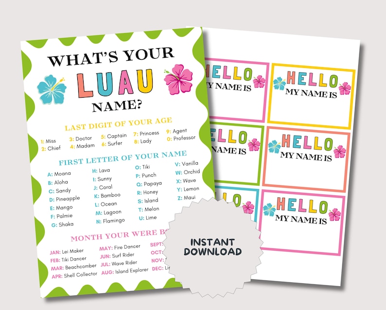 Whats Your Luau Name Game, Name Tags, Hawaiian Birthday Party Game ...