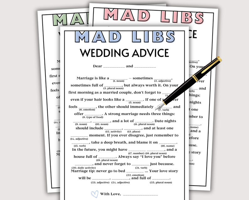 Mad Libs Wedding Advice Cards, Fun Wedding Game & Bridal Shower ...