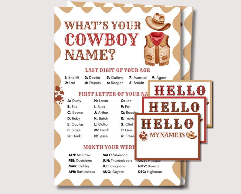 Whats Your Cowboy Name Game, Printable Cowboy Birthday Party Game for ...