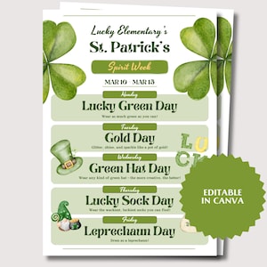 St Patricks Day Spirit Week Flyer Editable in Canva, March School ...