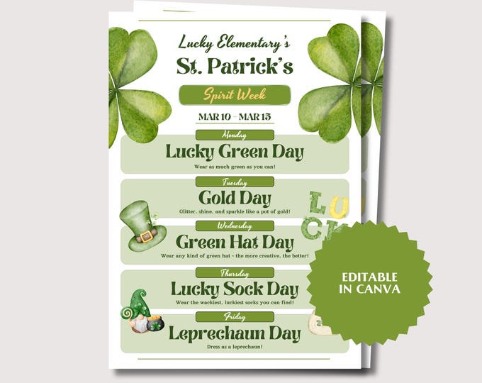 Editable St Patrick's Day Spirit Week Flyer, March Spirit Week Template ...