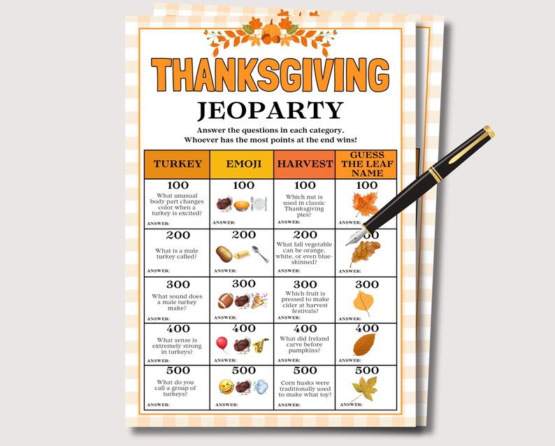 Thanksgiving Jeopardy Game, Fun Thanksgiving Game for Adults Kids ...