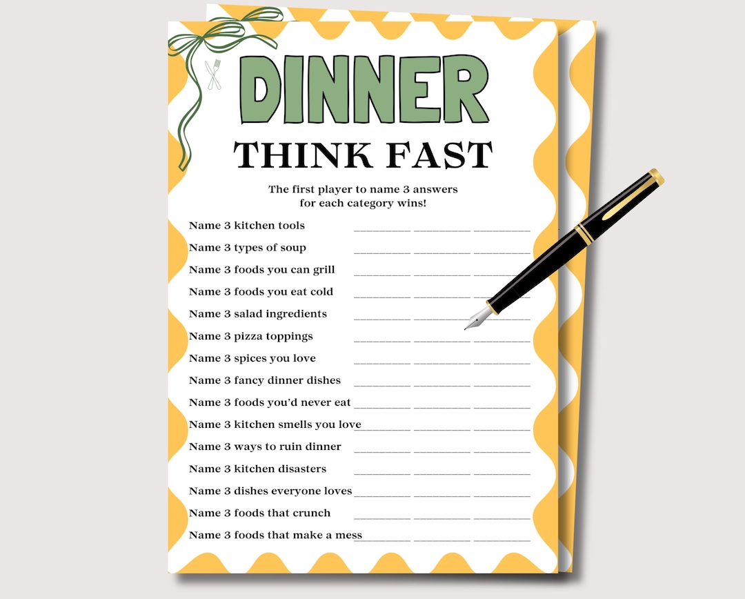 Dinner Think Fast Game, Fun Group Dinner Table Game, Dinner Party Game ...