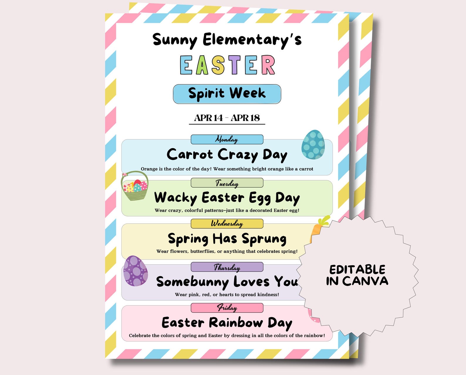 Easter Spirit Week Flyer Editable Template, Spring School Spirit Week ...