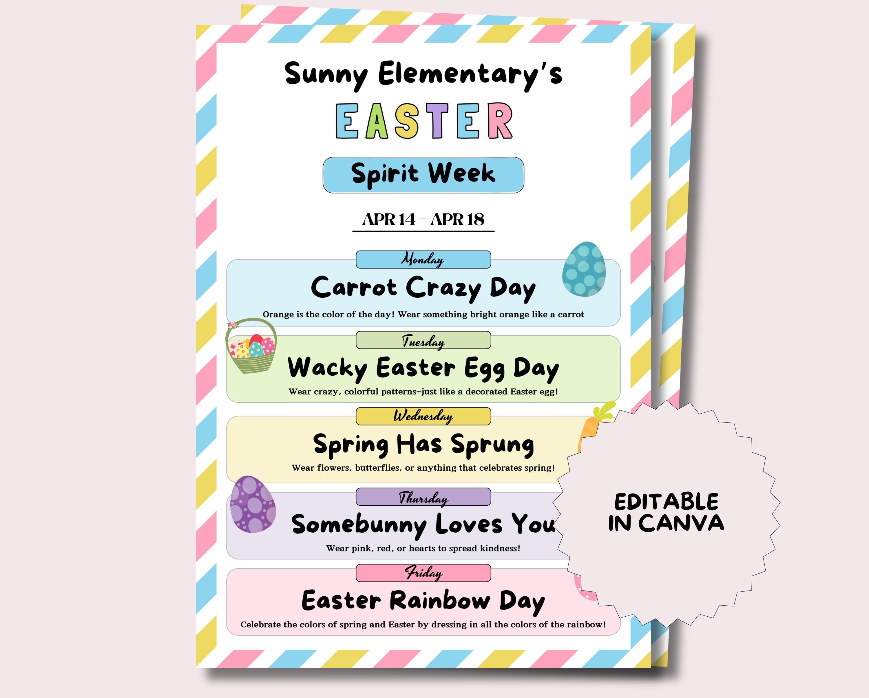 Easter Spirit Week Flyer Editable Template, Spring School Spirit Week ...