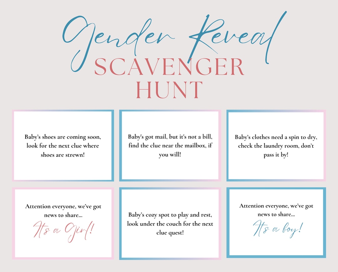 Gender Reveal Scavenger Hunt Clues, Printable Gender Reveal Idea ...