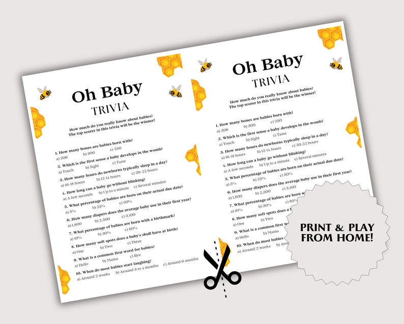 Printable Trivia Baby Shower Game, Bee Baby Shower Family Feud Game ...