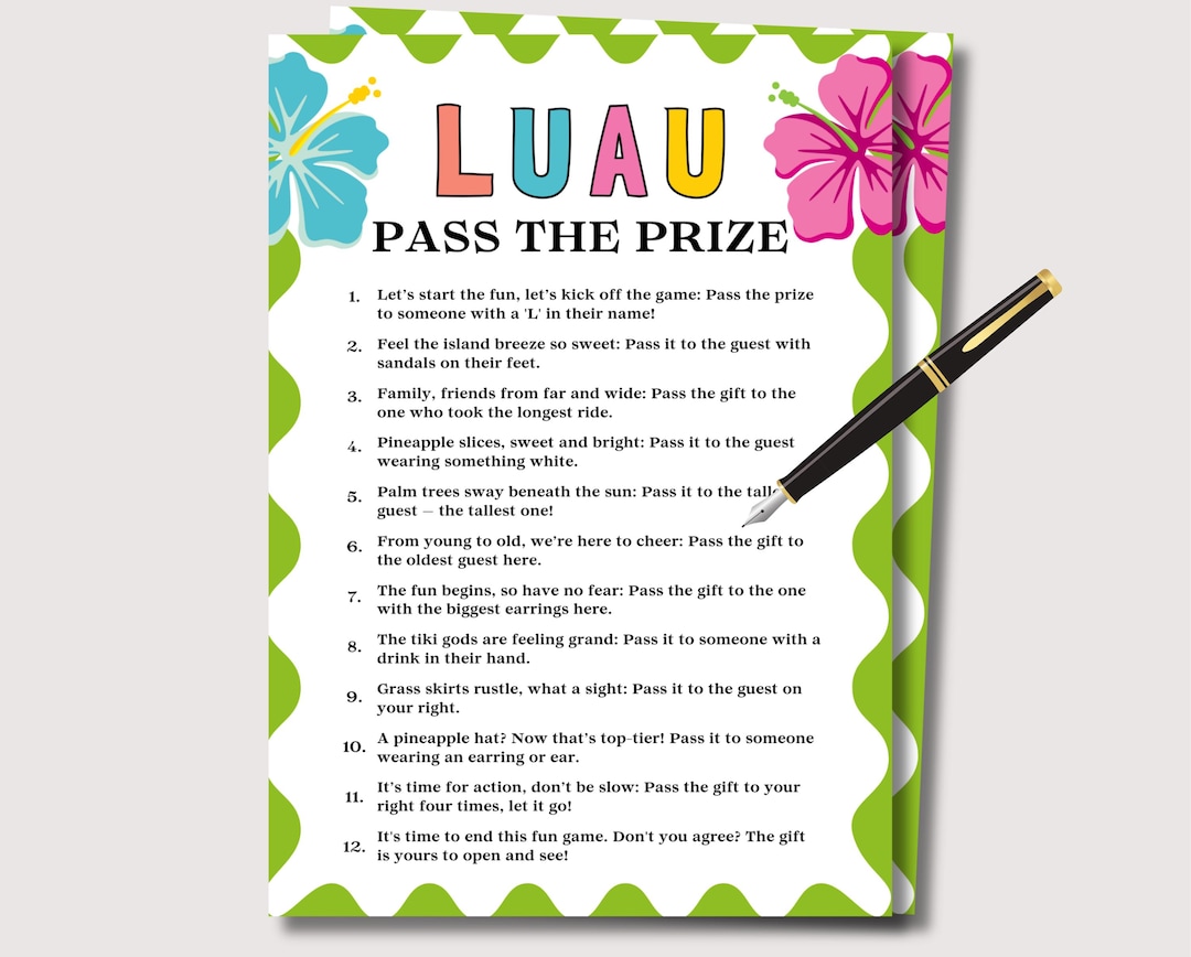 Luau Pass the Prize Game, Luau Party Games, Luau Games for Kids Adults ...