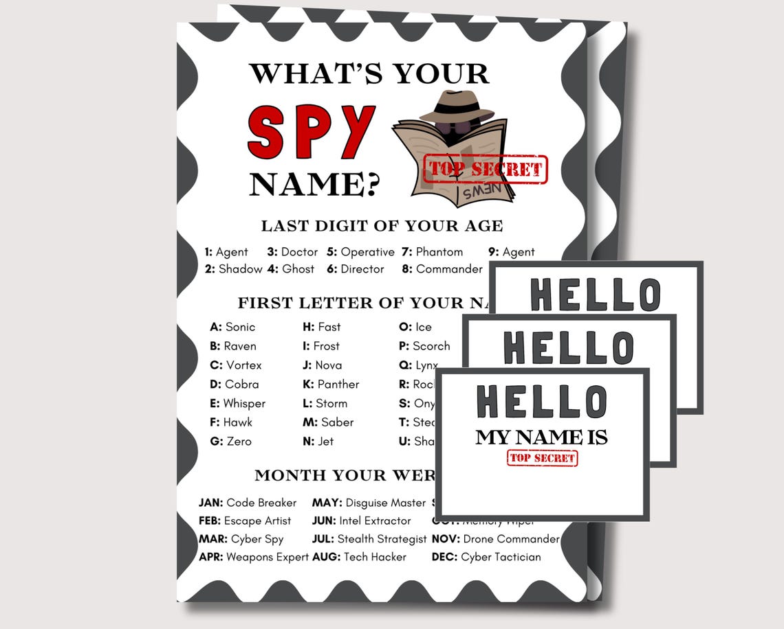 What's Your Spy Name Game, Top Secret Agent Badges Name Generator, Spy ...