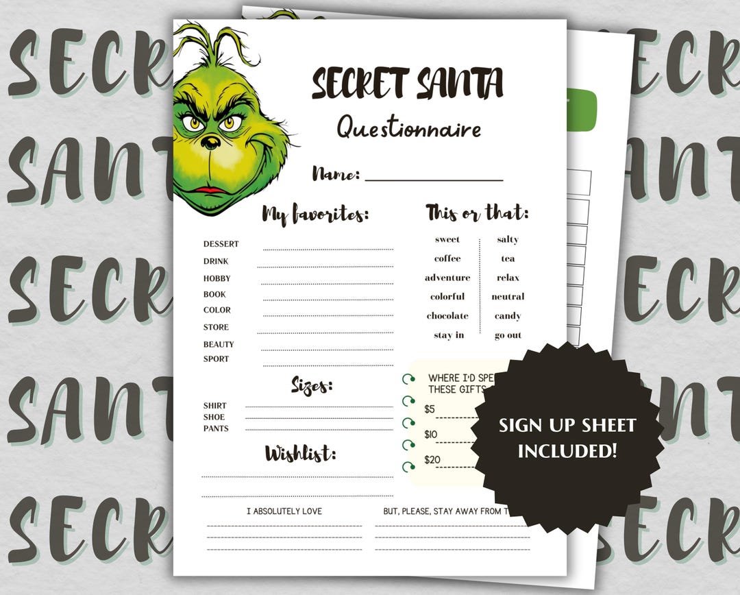 Grinch Secret Santa Questionnaire Printable, Work Secret Santa Survey ...