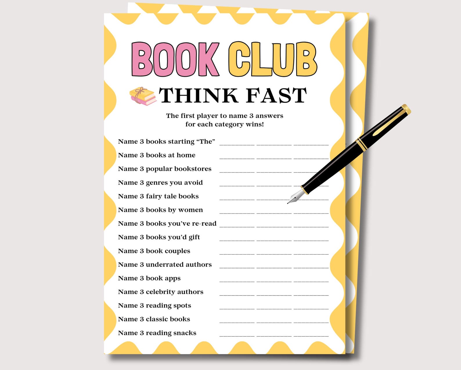 Book Club Think Fast Game, Fun Printable Book Club Game, Book Club Ice ...