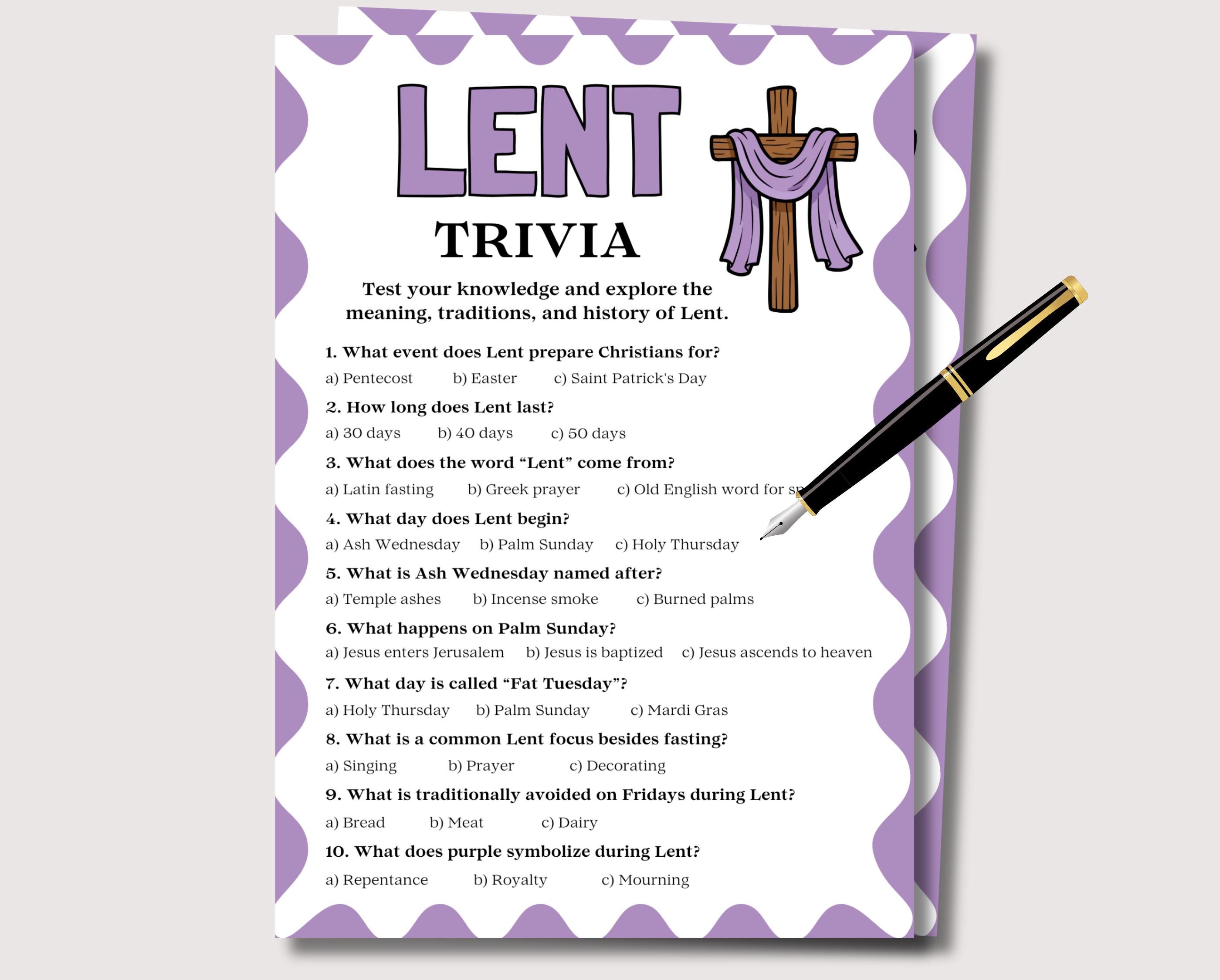 Lent Trivia Game, Fun Printable Lent Activity for Kids Adults, Ash ...