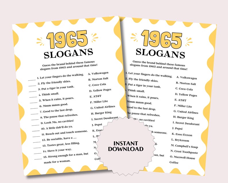 1965 TV and Radio Slogan Trivia Game, Fun 1965 Birthday Game for Her ...