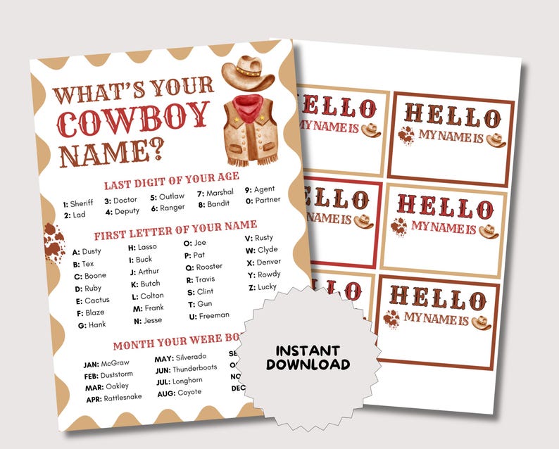 Whats Your Cowboy Name Game, Printable Cowboy Birthday Party Game for ...