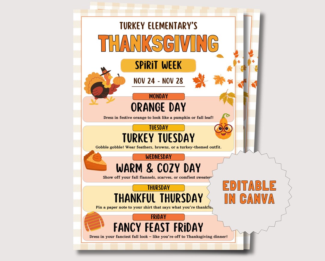 Thanksgiving Spirit Week Flyer Editable in Canva, Autumn Fall School ...