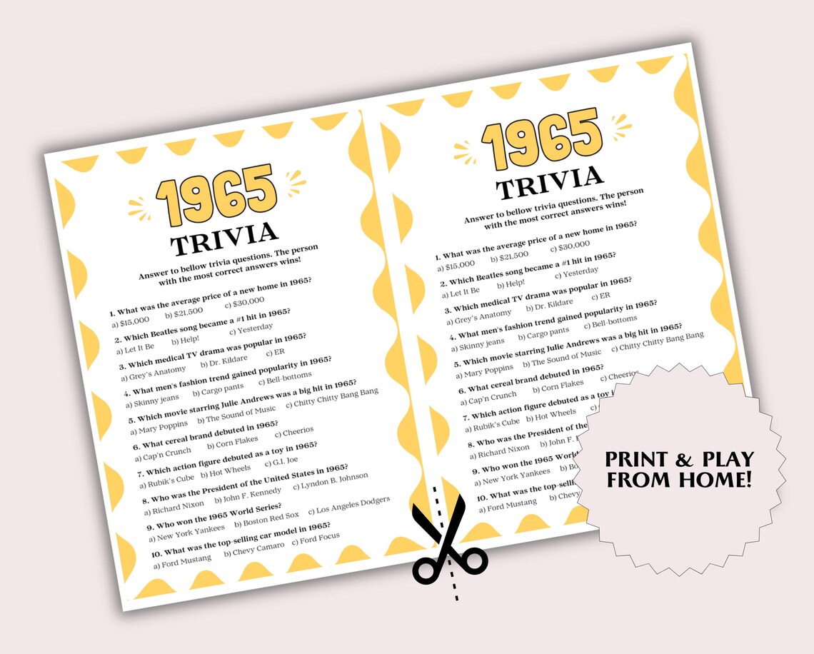 1965 Trivia Game, 60th Birthday Trivia, 60th Birthday Party Game, Born ...