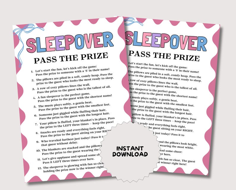 Sleepover Pass the Prize Game, Fun Printable Teen Girls Slumber Party ...