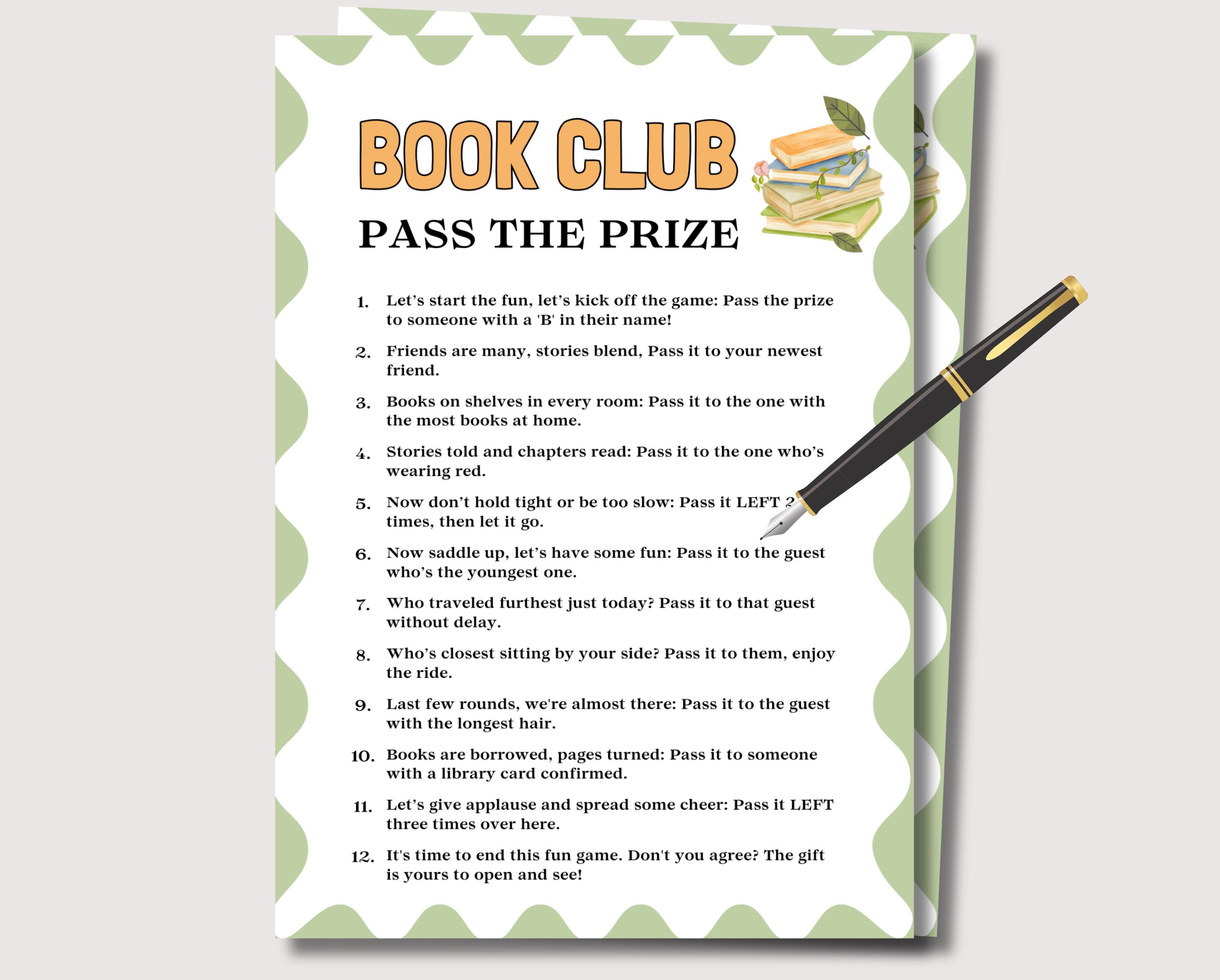 Book Club Pass the Prize Game, Printable Book Club Games, Games for ...