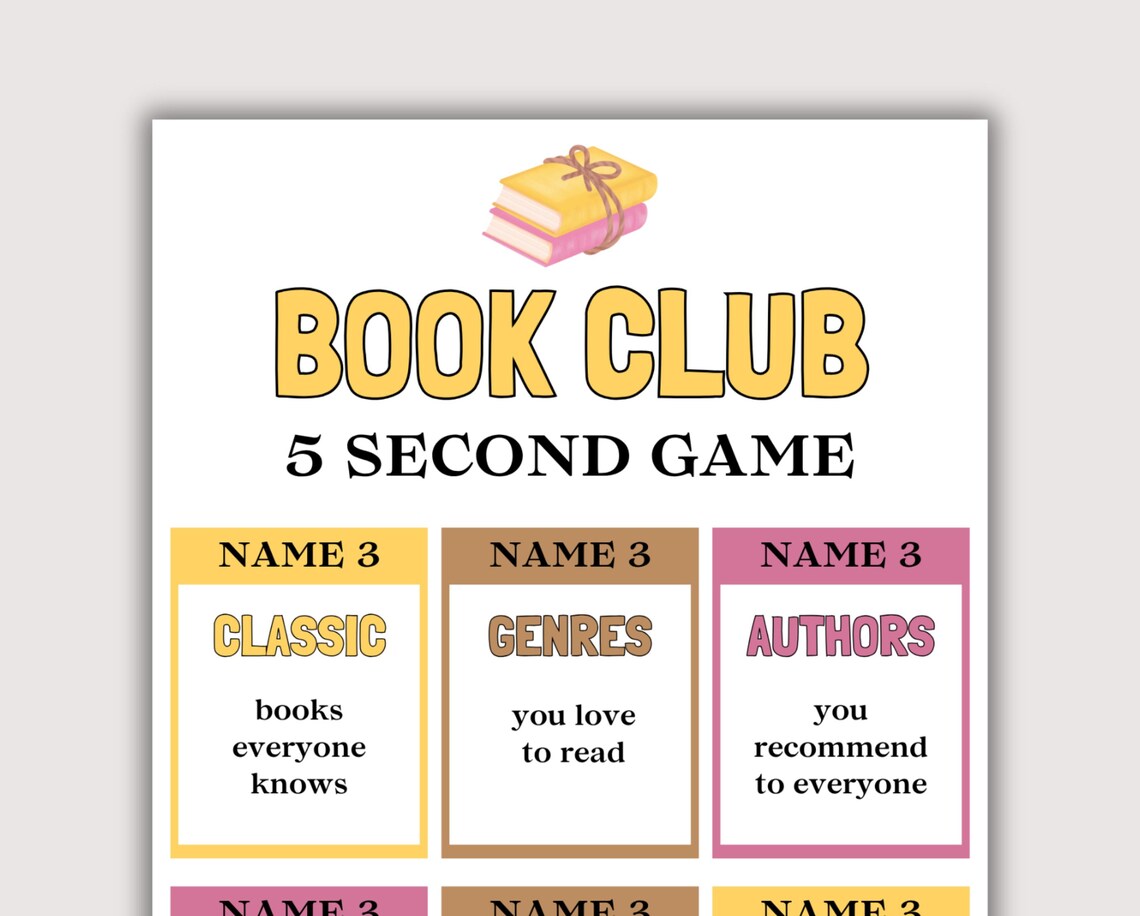 Book Club 5 Second Game, Fun Printable Book Club Game, Book Club ...