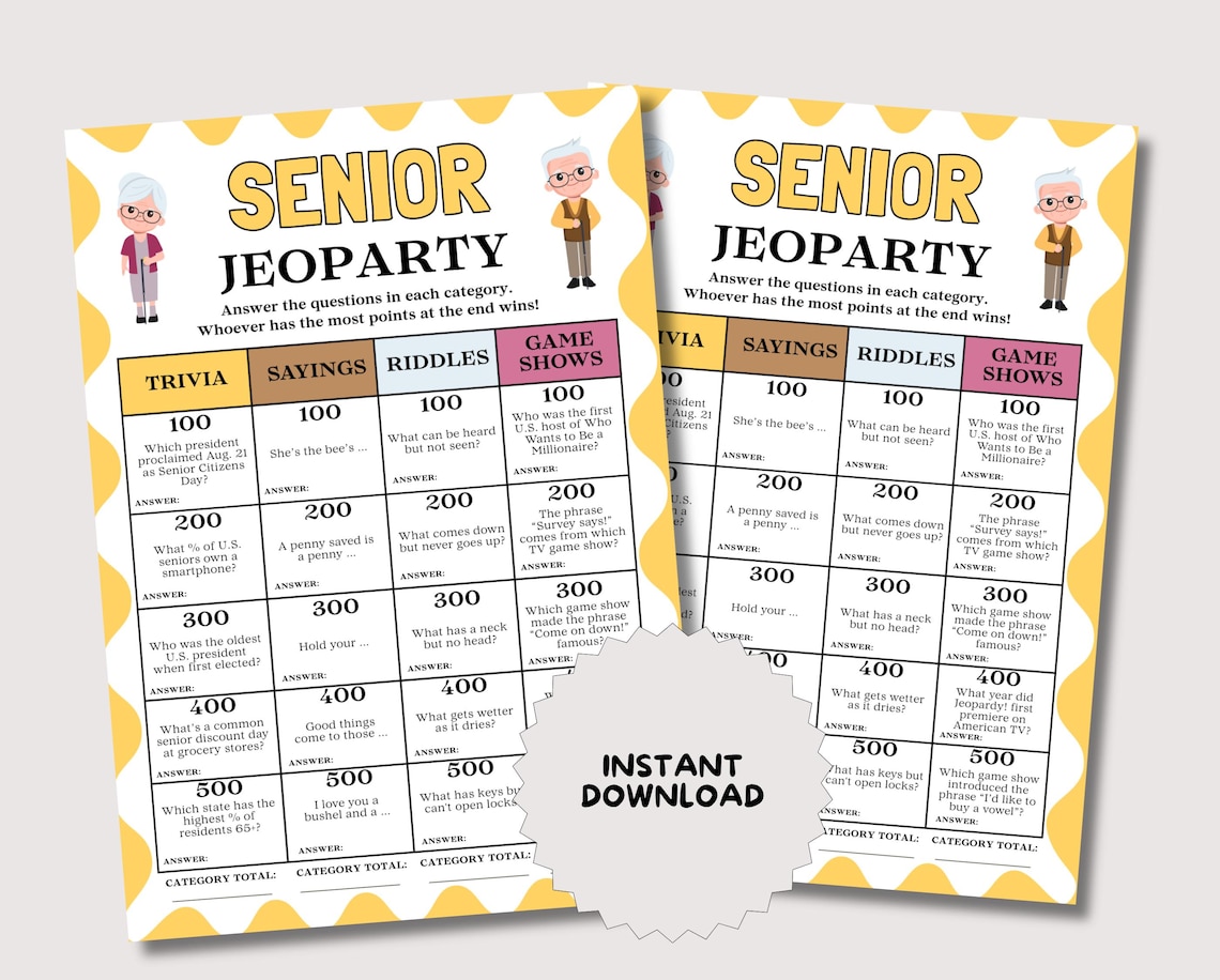 Senior Jeopardy Game, Fun Game for Seniors Group, Senior Riddles ...
