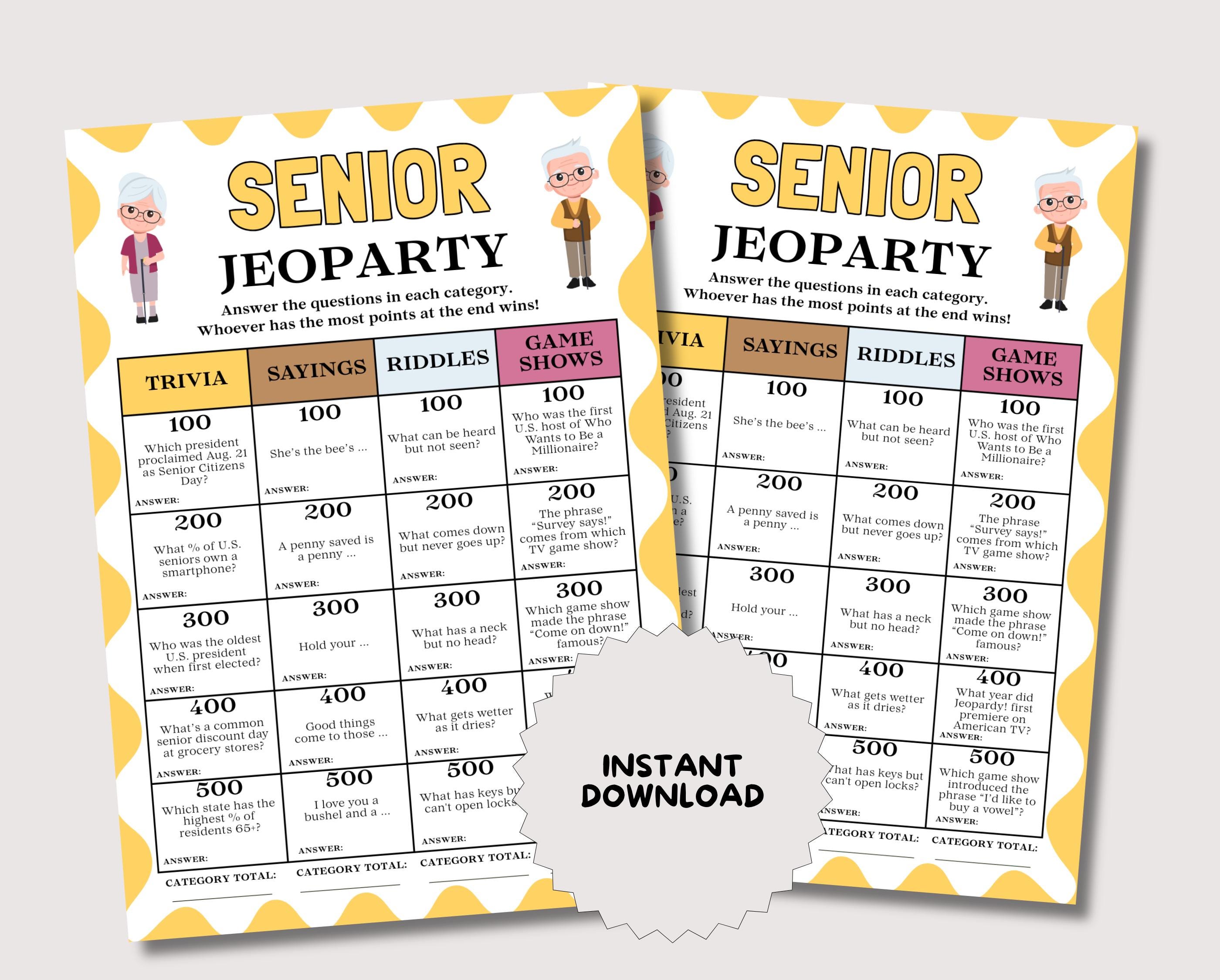 Senior Jeopardy Game, Fun Game for Seniors Group, Senior Riddles ...