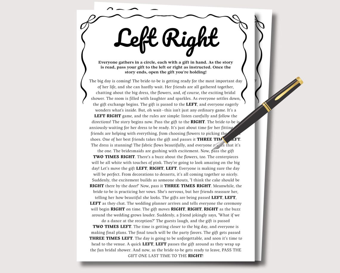 Left Right Bridal Shower Game, Bow Bridal Shower Prize Rhyme Game ...