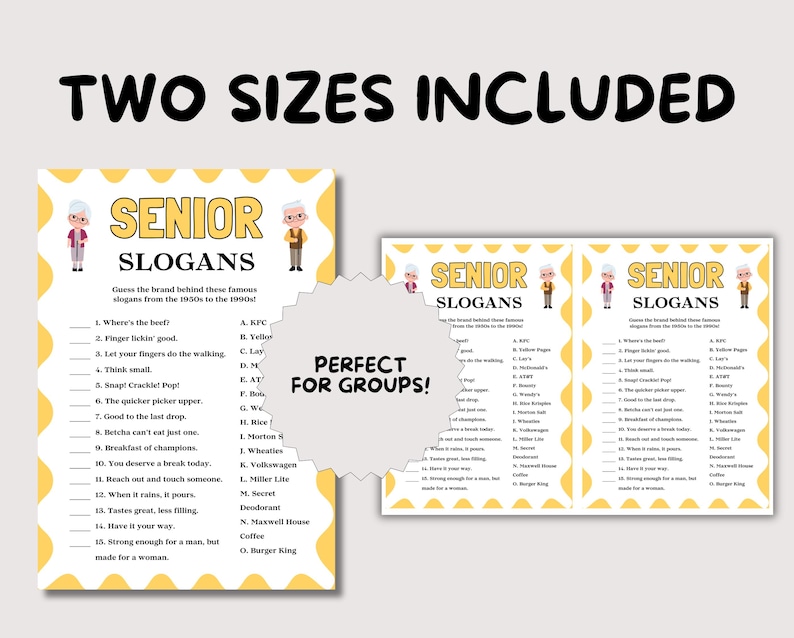 Senior Slogans Game, Funny Printable Trivia for Seniors Games for ...