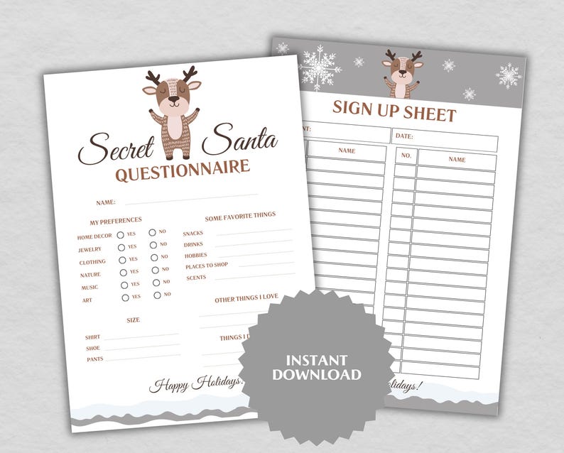 Secret Santa Questionnaire Printable, Secret Santa Survey, Short Office ...