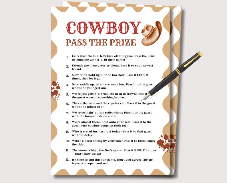 Cowboy Pass the Prize Game, Printable Cowboy Birthday Party Game for ...