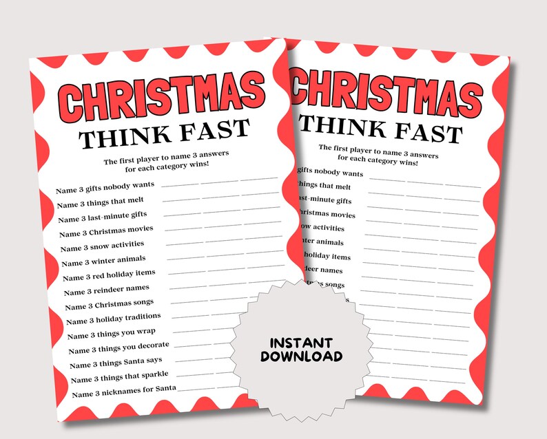 Christmas Think Fast Game, Fun Christmas Game for Adults Kids, Family ...