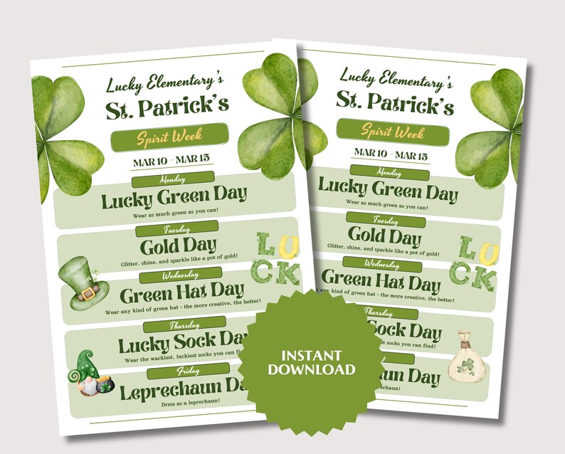 St Patricks Day Spirit Week Flyer Editable in Canva, March School ...