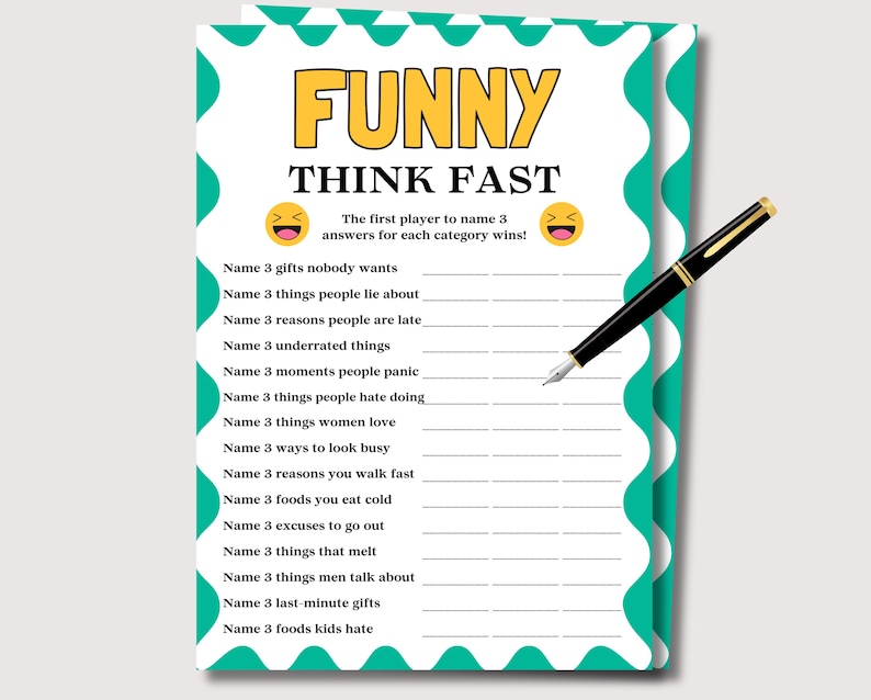 Funny Think Fast Game, Fun Printable Game for Adults Kids, Team ...