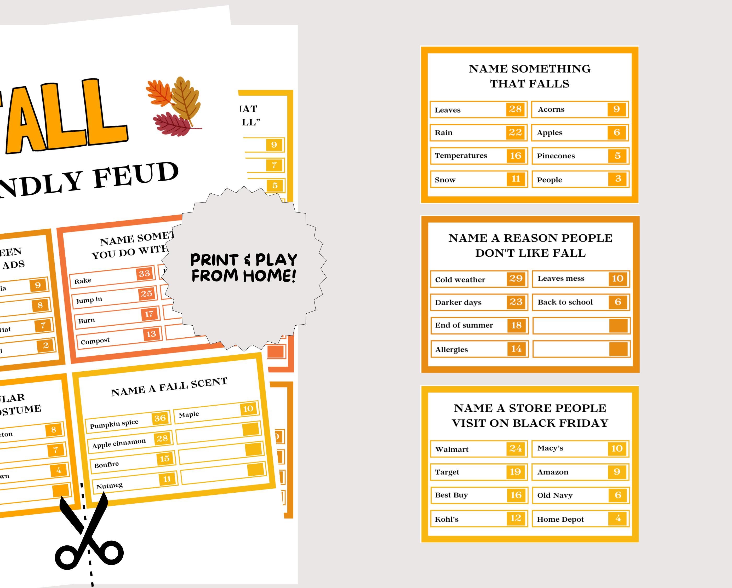Fall Friendly Feud, Fall Party Games for Kids Adults, Autumn Friendly ...