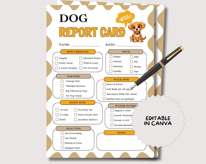 Dog Report Card Template, Editable Pet Report Card, Dog Boarding Report ...