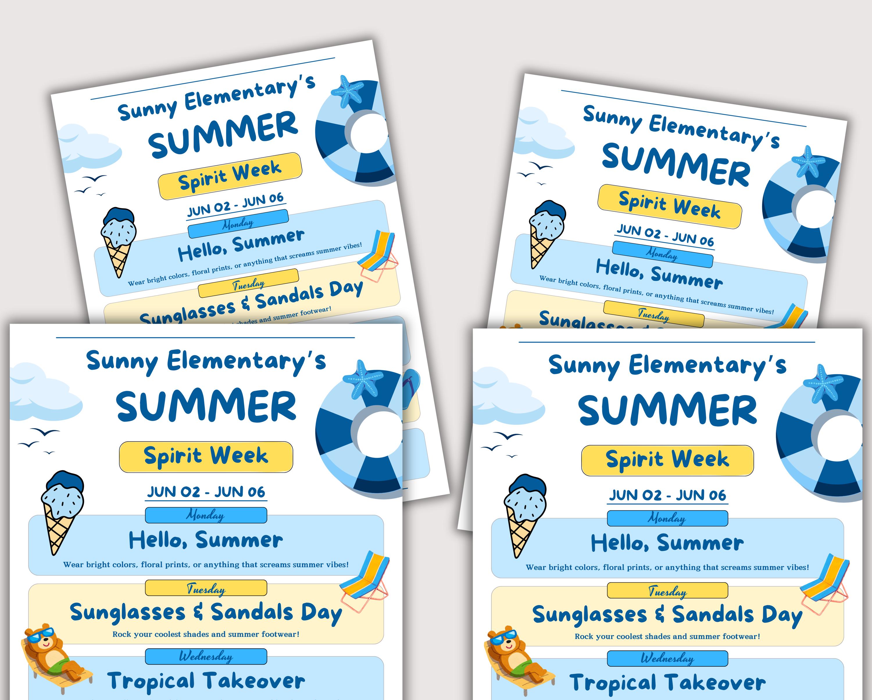 Summer Spirit Week Flyer Editable in Canva, Summer School Spirit Week ...