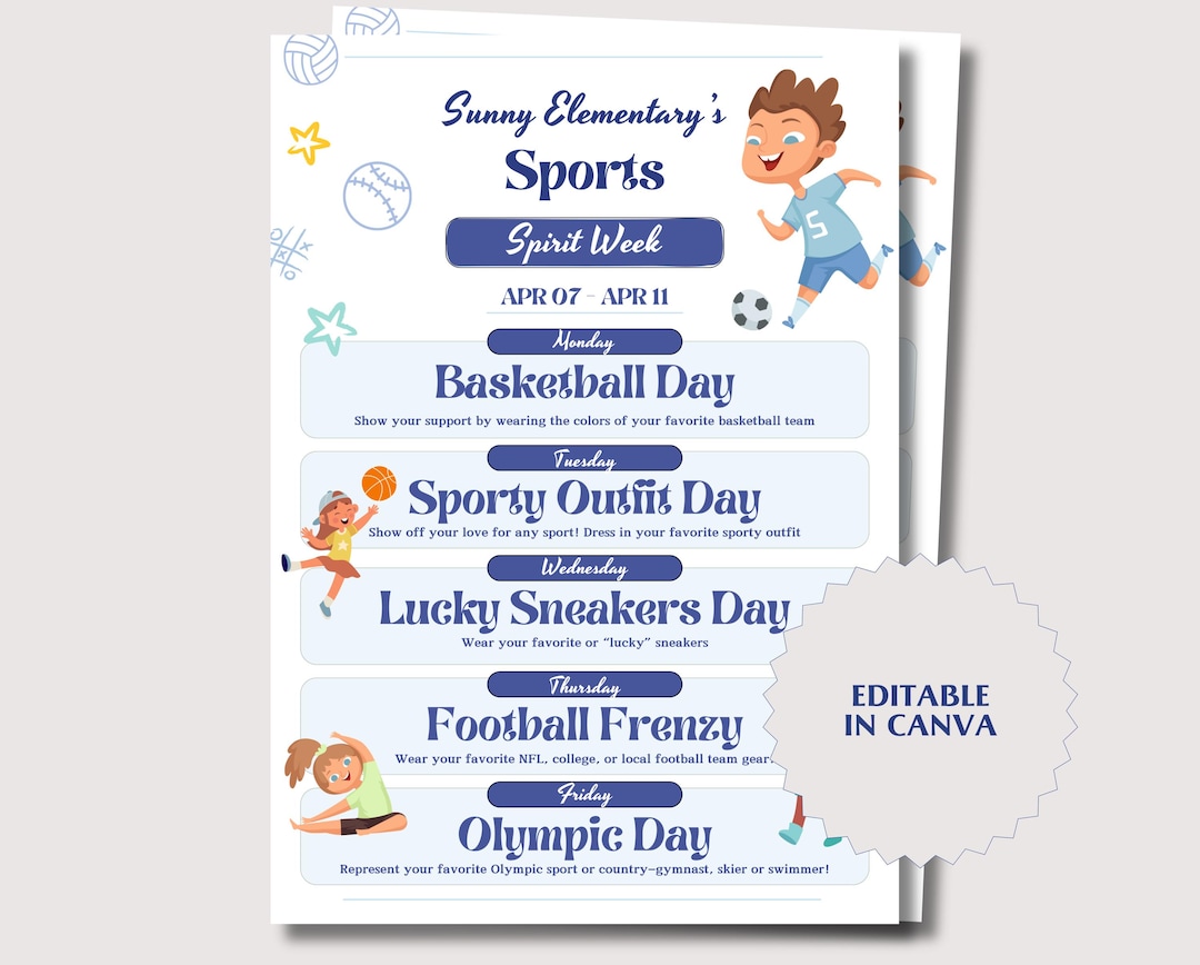 Sports Spirit Week Flyer Editable in Canva, Spring School Spirit Week ...