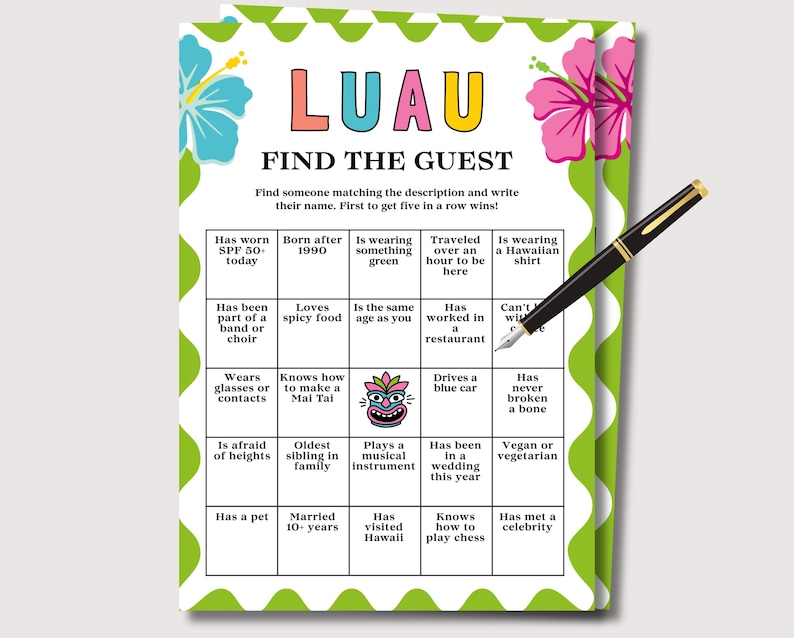 Luau Find the Guest Bingo, Luau Party Games, Hawaiian Themed Games Luau ...