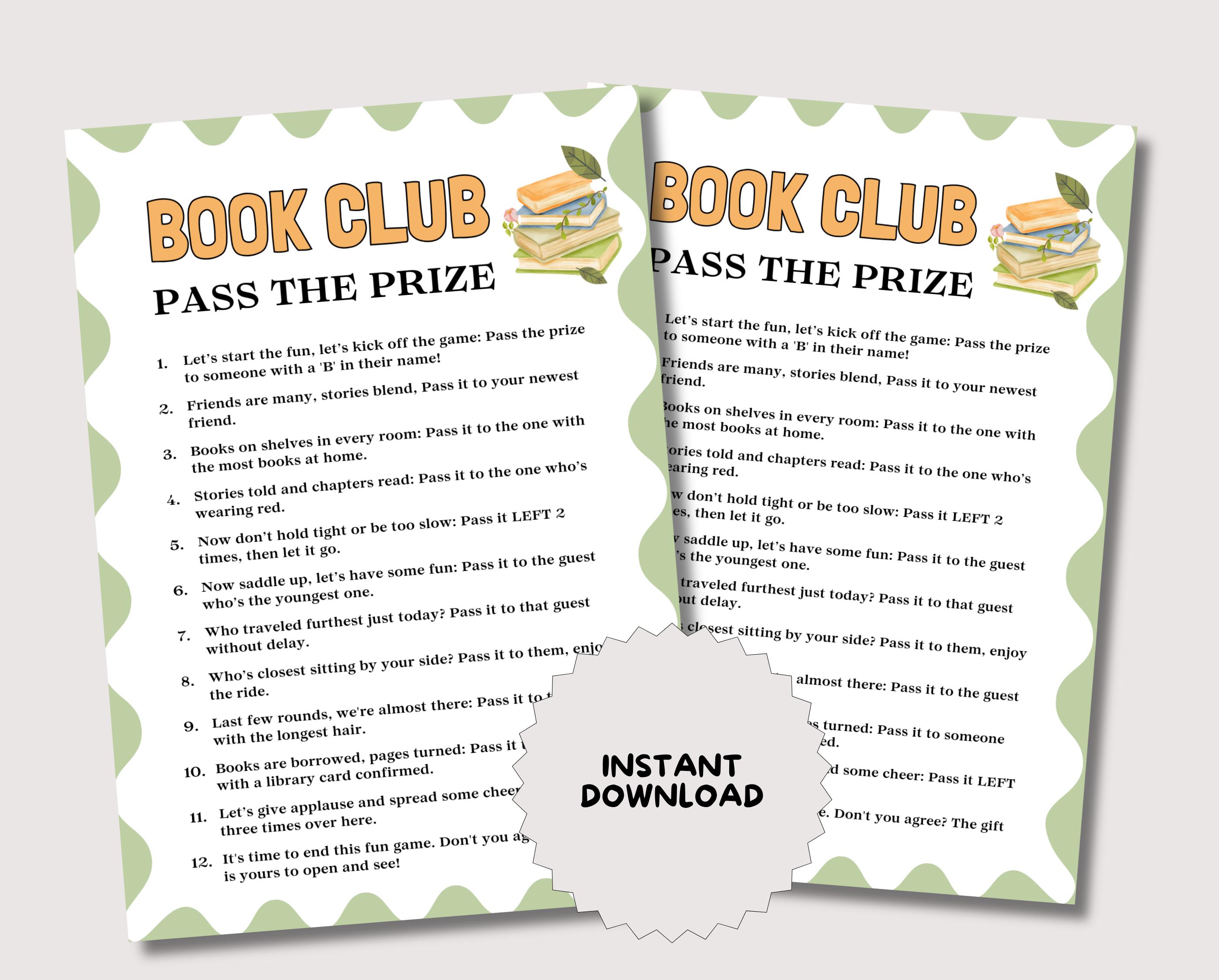 Book Club Pass the Prize Game, Printable Book Club Games, Games for ...