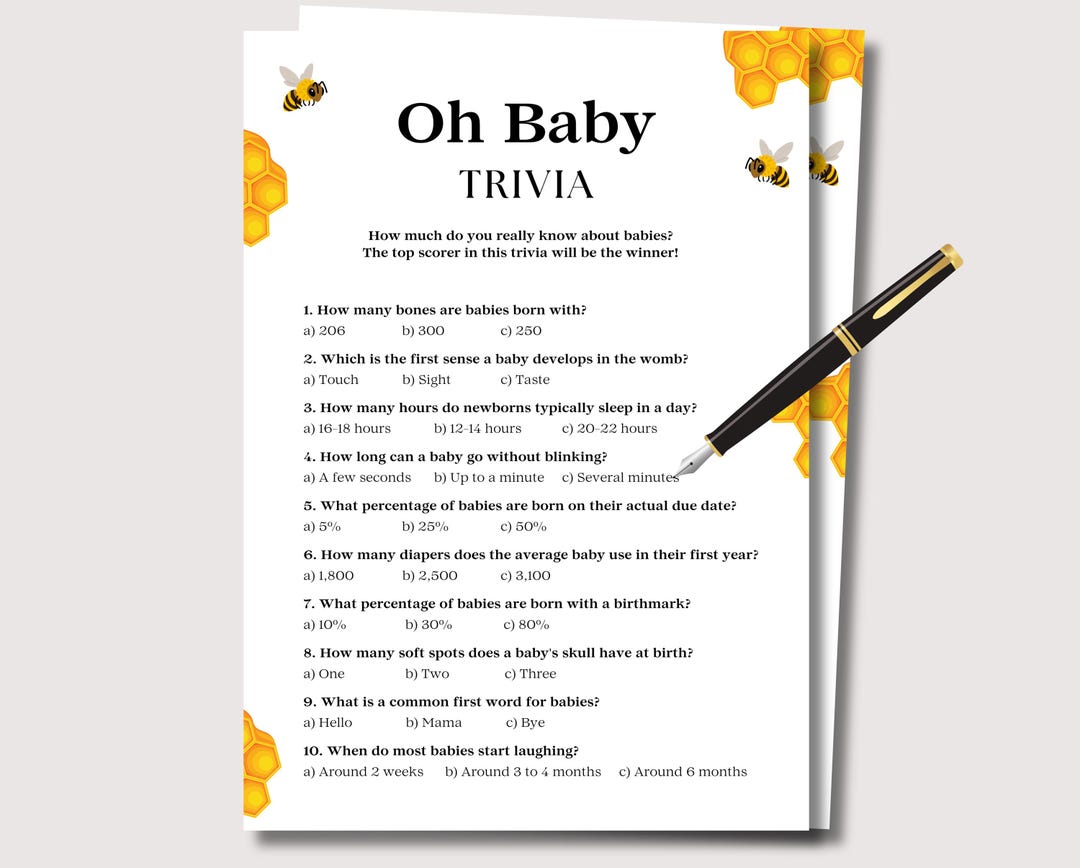 Printable Trivia Baby Shower Game, Bee Baby Shower Family Feud Game ...