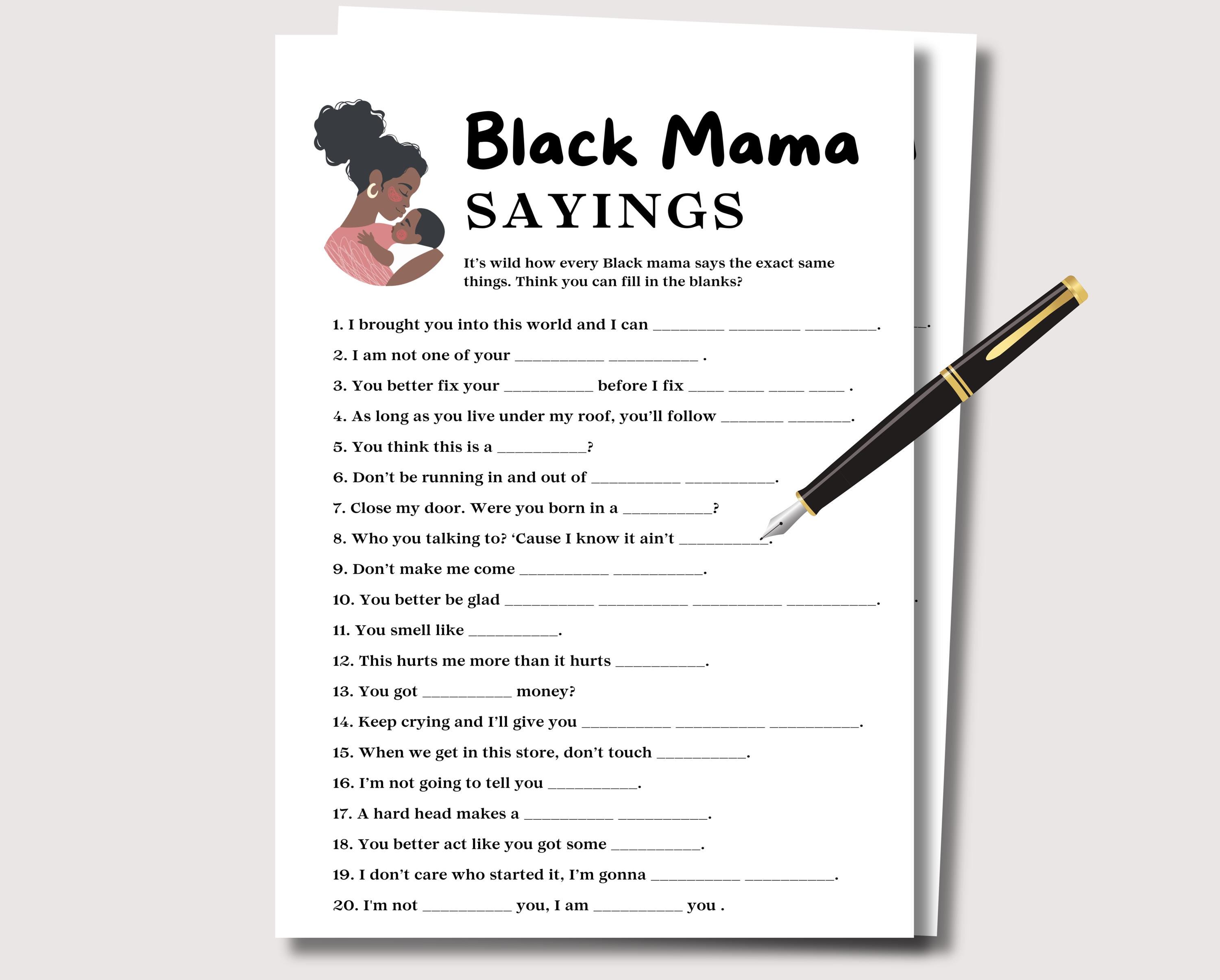Black Mama Sayings Game, Black Baby Shower Game, Fun Baby Shower Game ...