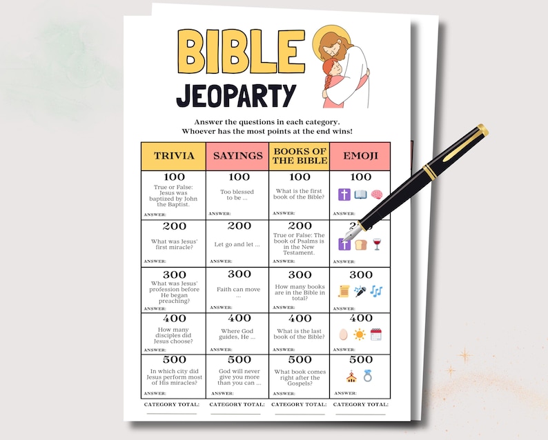 Bible Jeopardy Game, Fun Bible Trivia Game for Kids and Adults Bible ...