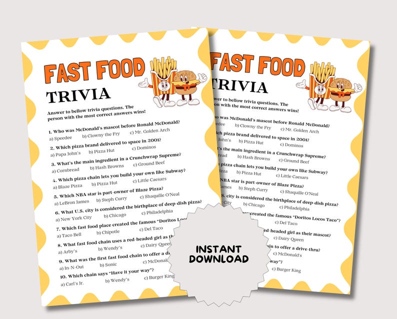 Fast Food Trivia Game, Printable Fast Food Quiz, Trivia Game for Kids ...