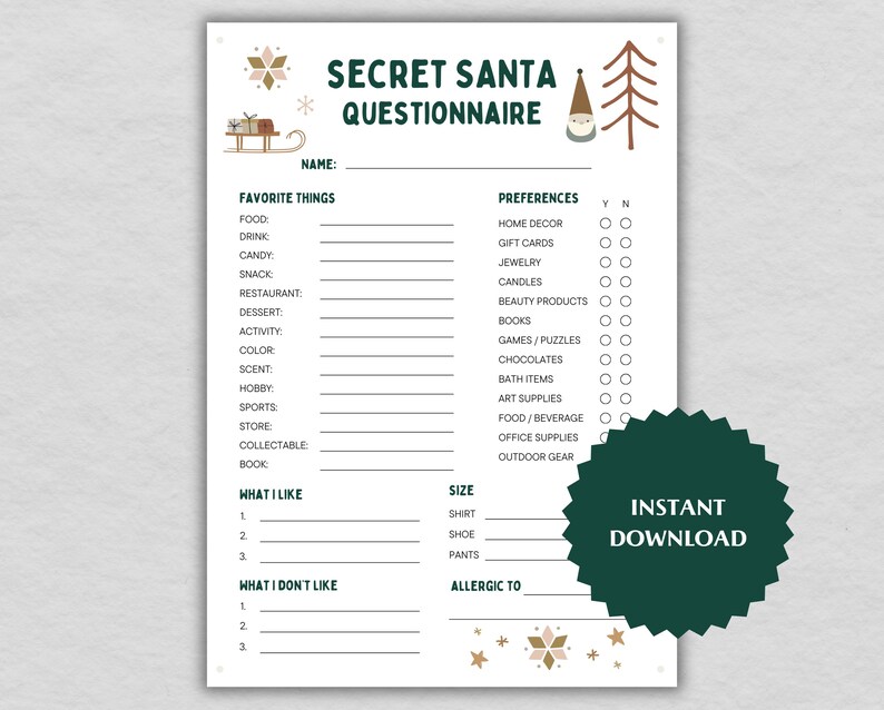 Secret Santa Questionnaire Printable, Secret Santa Survey, Simple ...
