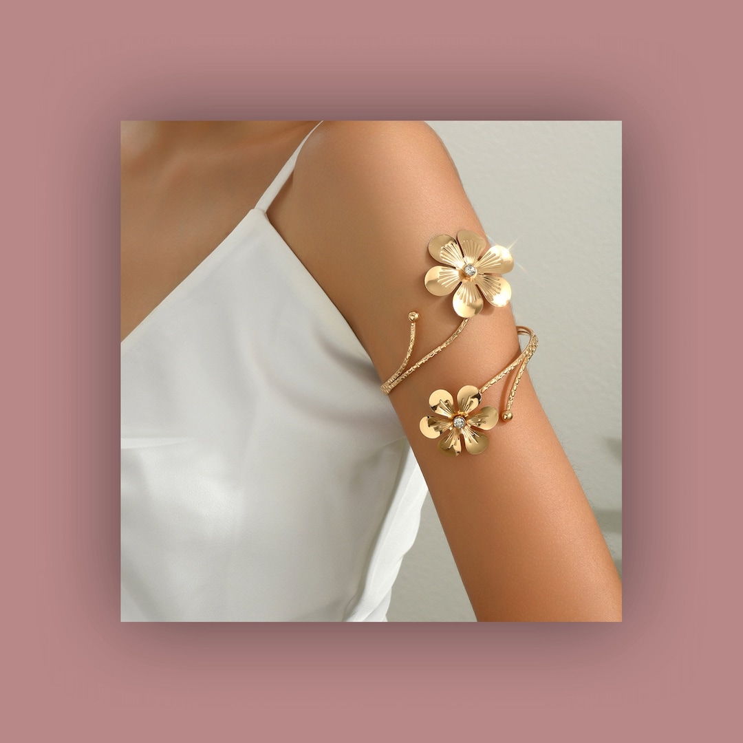 Custom Arm Cuff: Minimalist Gold Arm Cuffs With Flower Accent, Unique ...