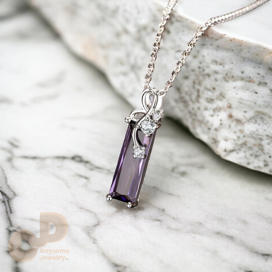 Elegant Amethyst Pendant Necklace, Rectangle Gem Stone Pendant, Silver ...